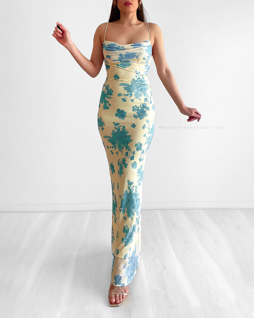 Christina Mesh Bodycon Maxi Dress - Yellow/Blue Floral – Honey Peaches