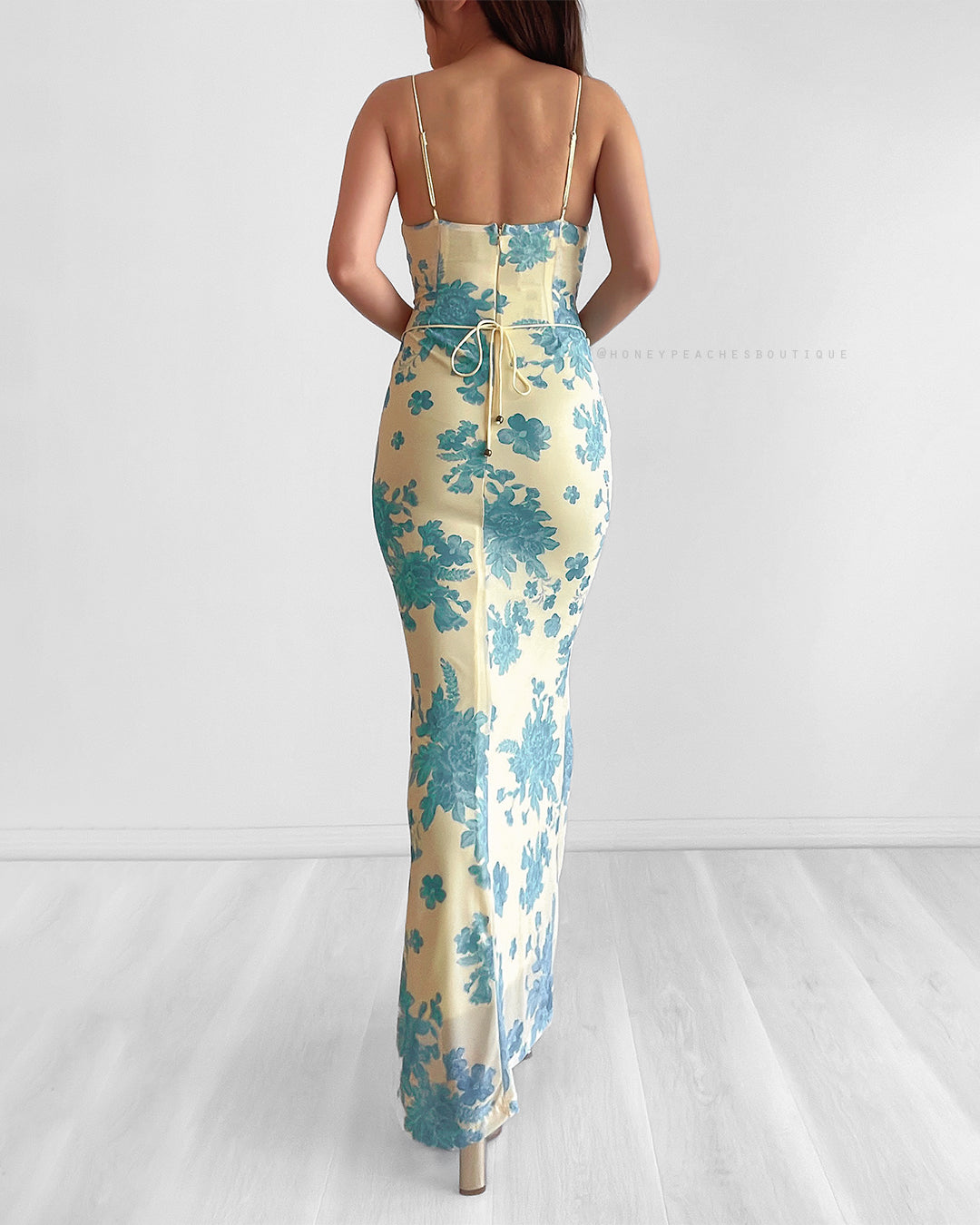Christina Mesh Bodycon Maxi Dress - Yellow/Blue Floral – Honey Peaches