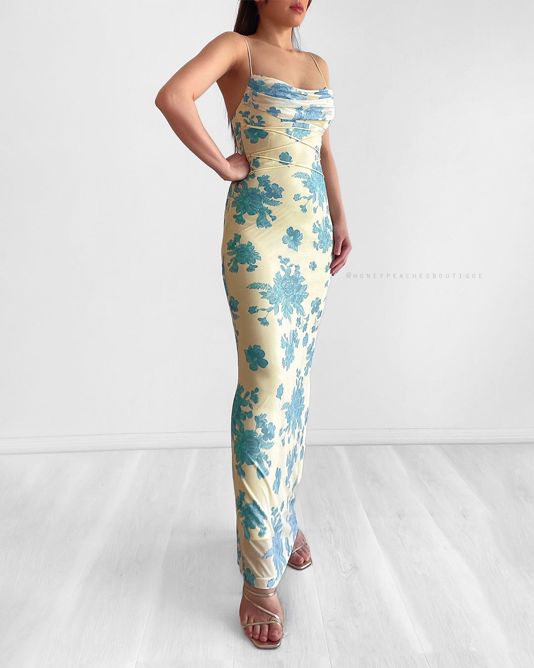 Christina Mesh Bodycon Maxi Dress - Yellow/Blue Floral – Honey Peaches