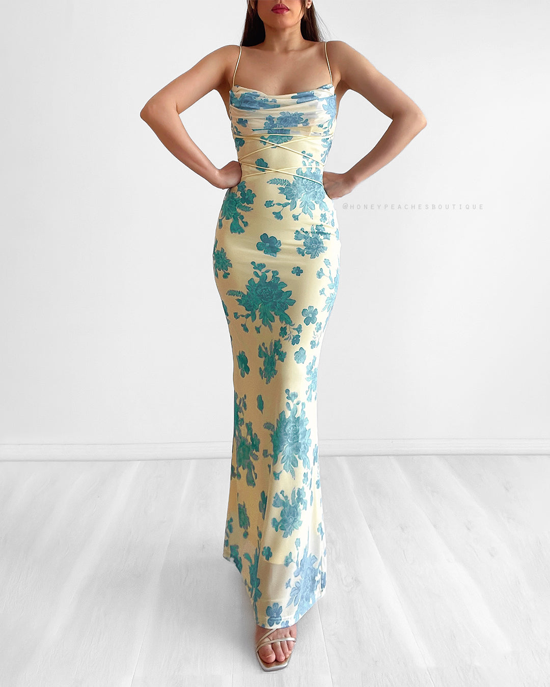 Christina Mesh Bodycon Maxi Dress - Yellow/Blue Floral – Honey Peaches