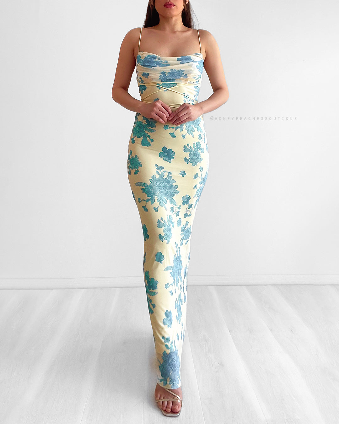 Christina Mesh Bodycon Maxi Dress - Yellow/Blue Floral – Honey Peaches