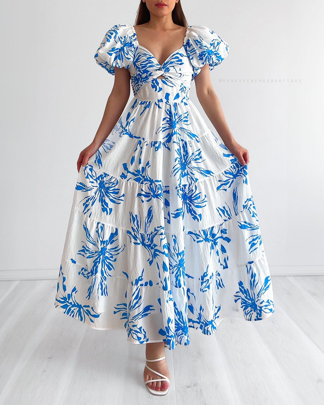 Kalina Puff Sleeve Midi Dress - White/Blue Floral – Honey Peaches